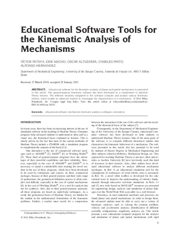 (PDF) Educational software tools for the kinematic analysis of mechanisms
