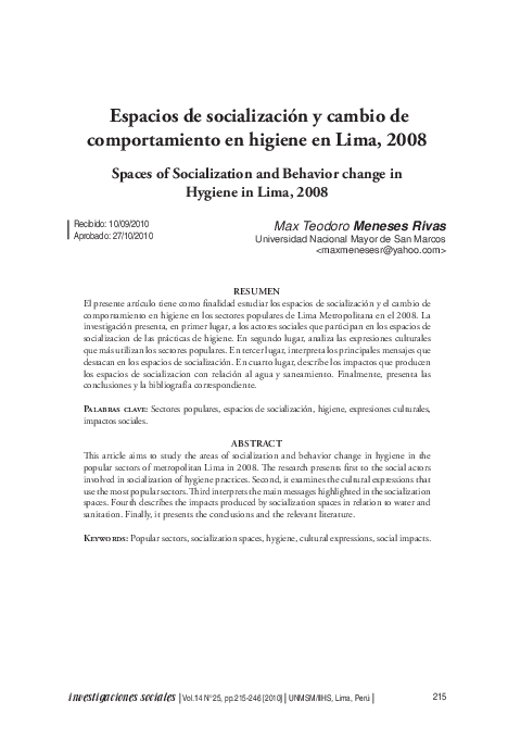 (PDF) Spaces of Socialization and Behavior change in Hygiene in Lima, 2008