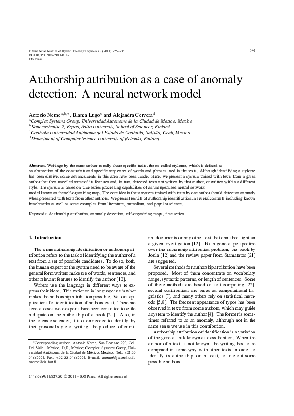 (PDF) Authorship attribution as a case of anomaly detection: A neural network model