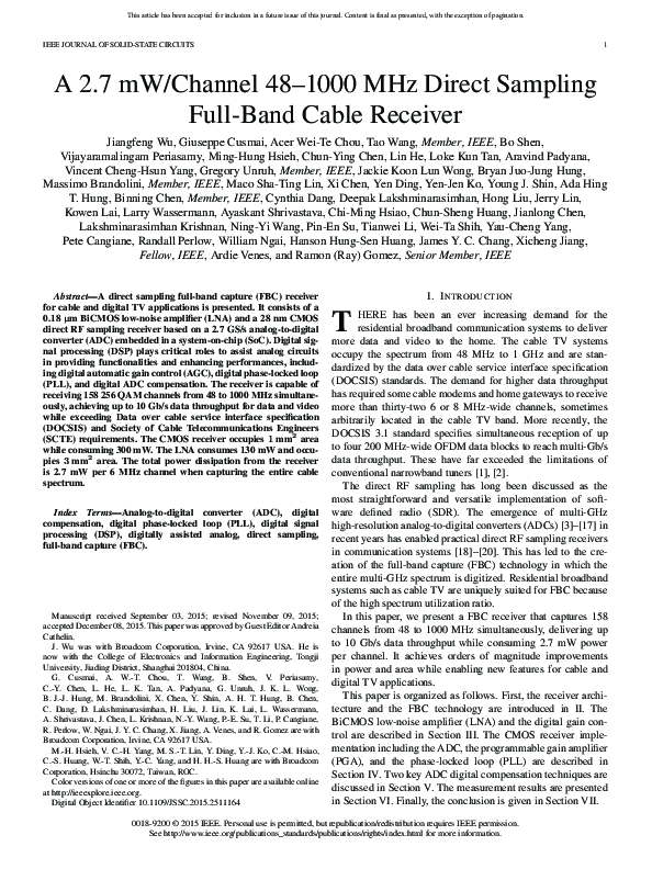 (PDF) A 2.7 mW/Channel 48–1000 MHz Direct Sampling Full-Band Cable Receiver