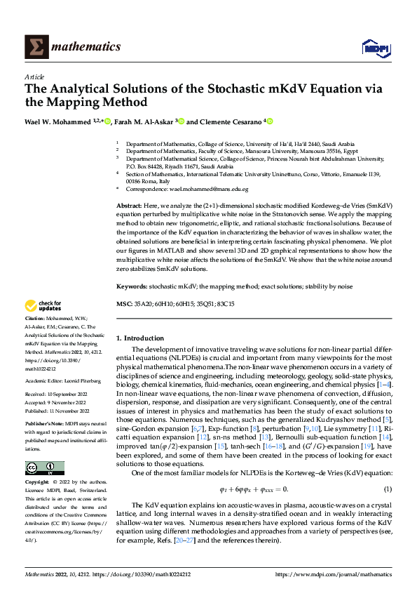 (PDF) The Analytical Solutions of the Stochastic mKdV Equation via the Mapping Method