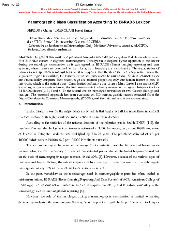 (PDF) Mammographic mass classification according to Bi‐RADS lexicon