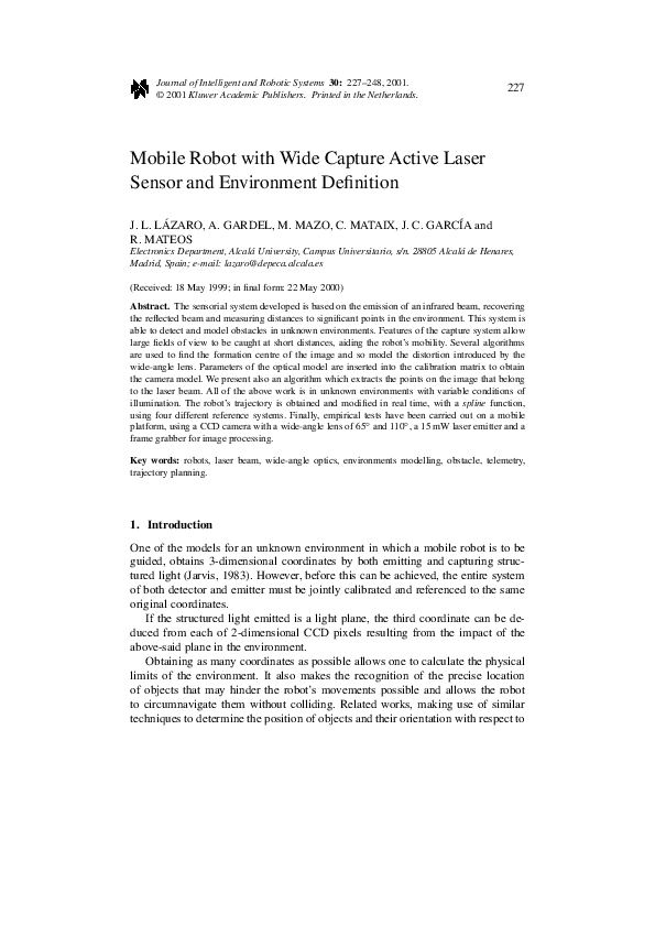 (PDF) Mobile robot with wide capture active laser sensor and environment definition