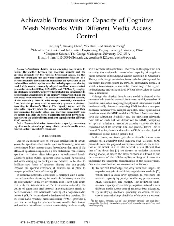 (PDF) Achievable transmission capacity of cognitive mesh networks with different media access ...