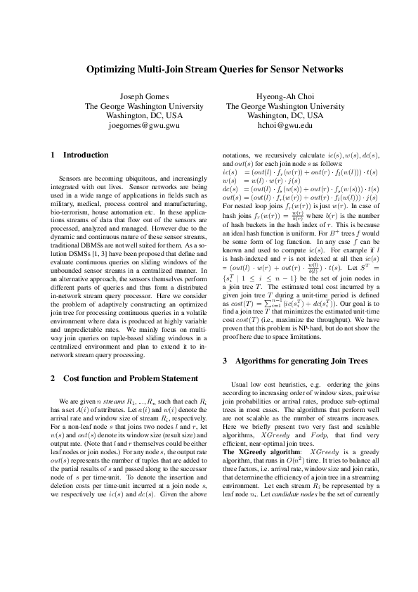Pdf Optimizing Multi Join Stream Queries For Sensor Networks 