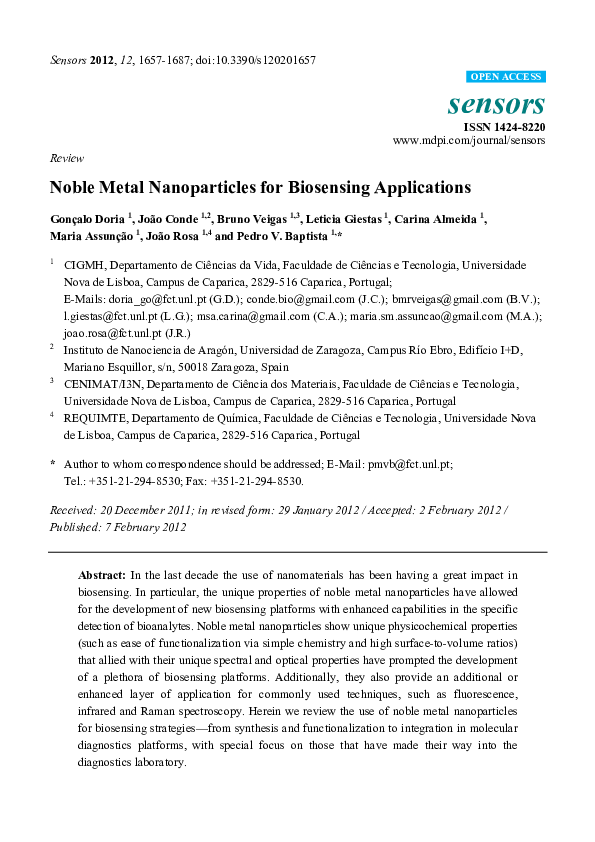 (PDF) Noble Metal Nanoparticles for Biosensing Applications