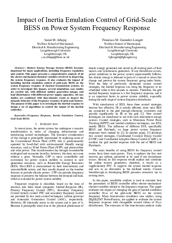 (PDF) Impact of inertia emulation control of grid-scale BESS on power system frequency response