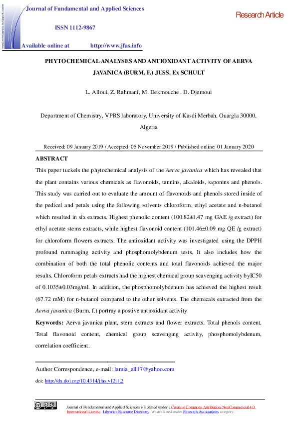 (PDF) Phytochemical Analyses and Antioxidant Activity of Aerva Javanica (Burm. F.) Juss. Ex Schult