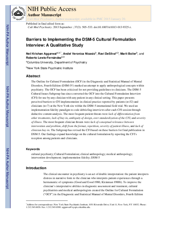 (PDF) Barriers to Implementing the DSM-5 Cultural Formulation Interview ...