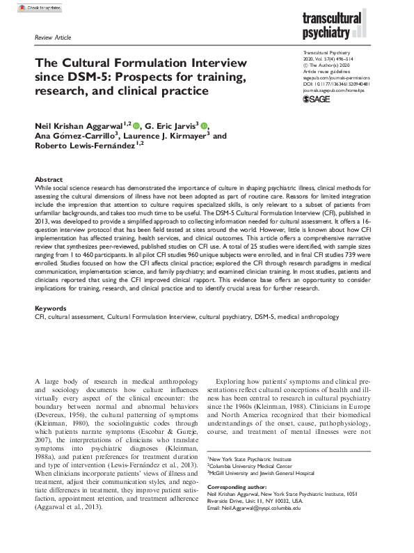 (PDF) The Cultural Formulation Interview since DSM-5: Prospects for ...