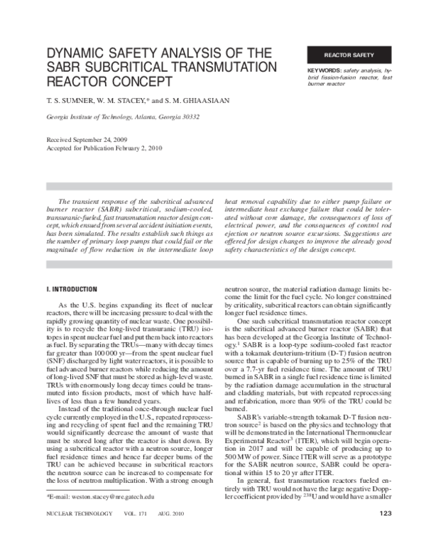 (PDF) Dynamic Safety Analysis of the SABR Subcritical Transmutation Reactor Concept