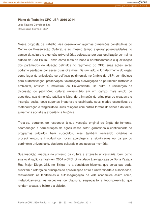 (PDF) Plano de Trabalho CPC- USP, 2010- 2014