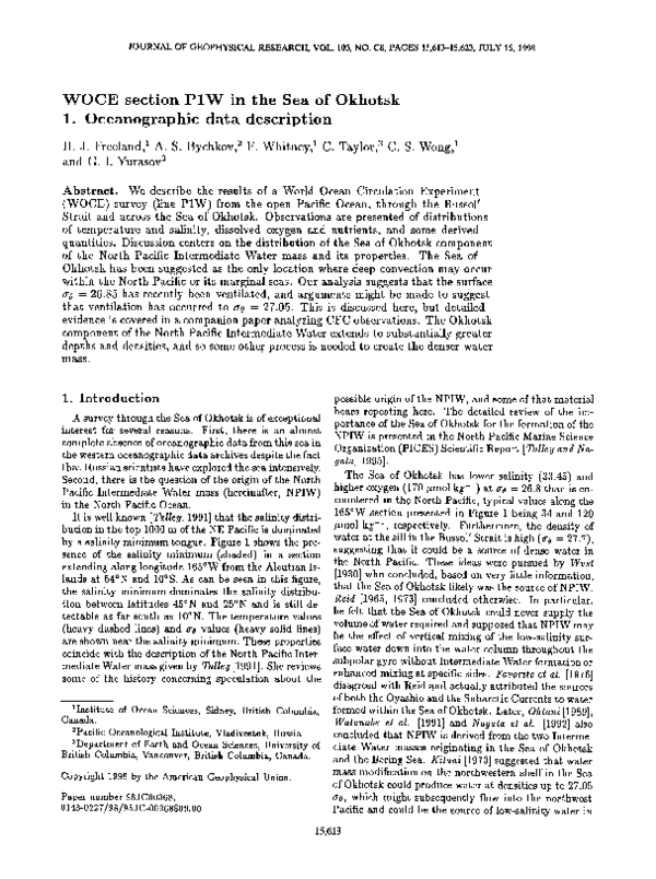(PDF) WOCE section P1W in the Sea of Okhotsk: 1. Oceanographic data ...
