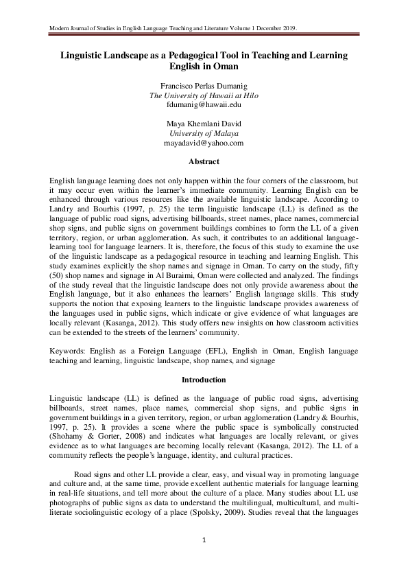 (PDF) Linguistic Landscape as a Pedagogical Tool in Teaching and Learning English in Oman