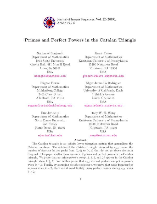 (PDF) Primes and Perfect Powers in the Catalan Triangle | Wing Hong ...