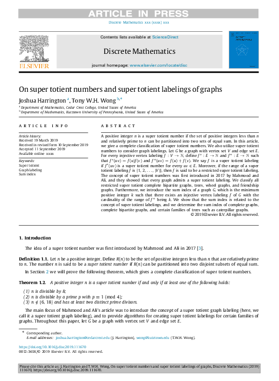 (PDF) On super totient numbers and super totient labelings of graphs