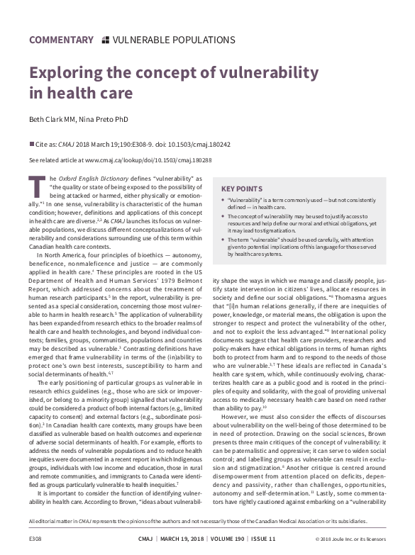 (PDF) Exploring the concept of vulnerability in health care