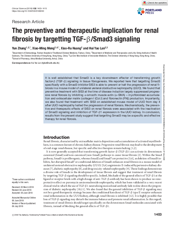 (PDF) The preventive and therapeutic implication for renal fibrosis by targeting TGF-β/Smad3 ...