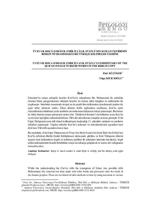 (PDF) ÜVEYS B. HOCÂ OSMÂN B. EMÎR İLYÂS B. EVLİYÂ'NIN KUR'AN TEFSİRİNİN BERLİN NÜSHASINDAKİ ESKİ ...