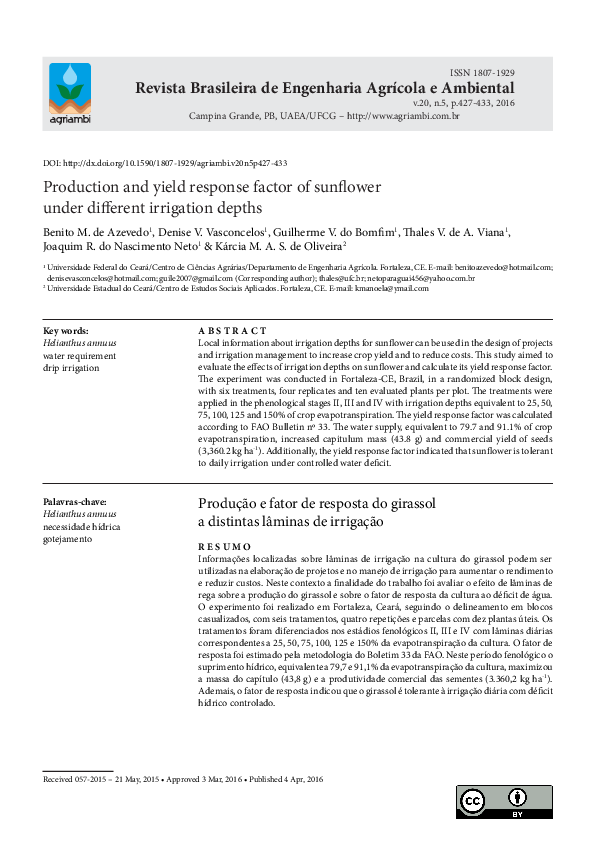(PDF) Production and yield response factor of sunflower under different ...