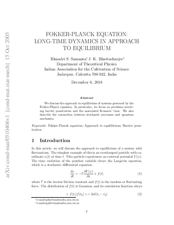 (PDF) Fokker–Planck Equation: Long-Time Dynamics in Approach to Equilibrium