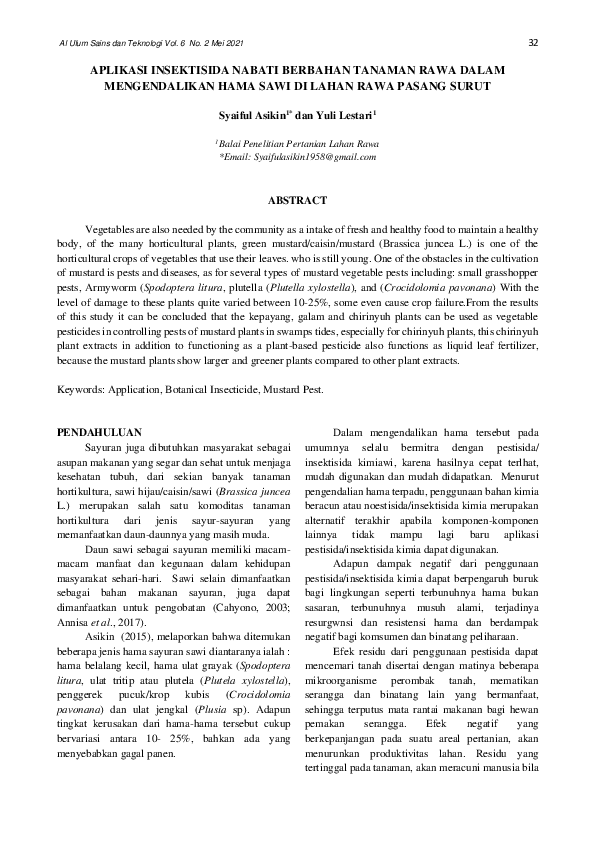 (PDF) Aplikasi Insektisida Nabati Berbahan Tanaman Rawa Dalam ...