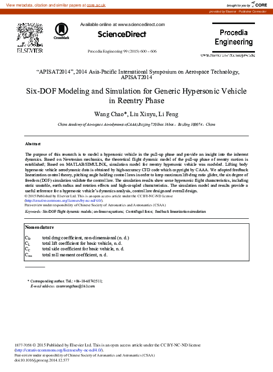 Pdf Six Dof Modeling And Simulation For Generic Hypersonic Vehicle In Reentry Phase