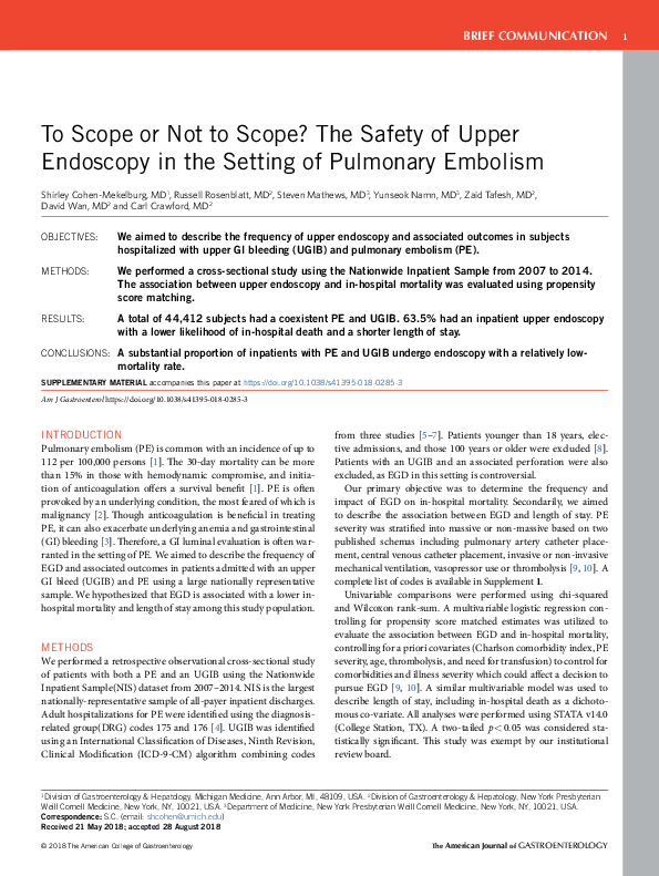 (PDF) To Scope or Not to Scope? The Safety of Upper Endoscopy in the ...