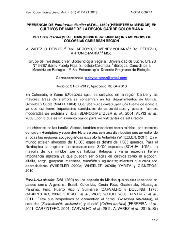 (PDF) Presencia de Parafurius discifer (STAL, 1860) (Hemiptera: miridae ...