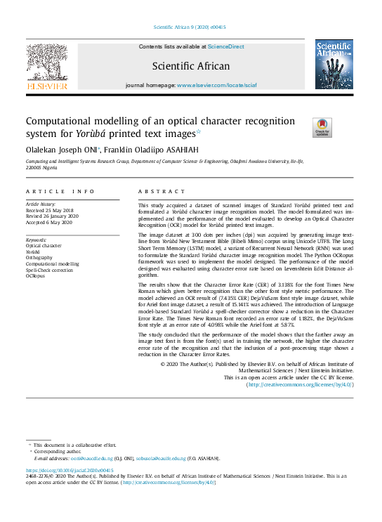 (PDF) Computational modelling of an optical character recognition ...