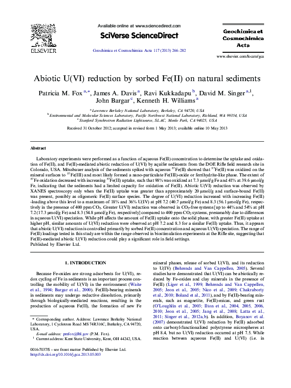 (PDF) Abiotic U(VI) reduction by sorbed Fe(II) on natural sediments