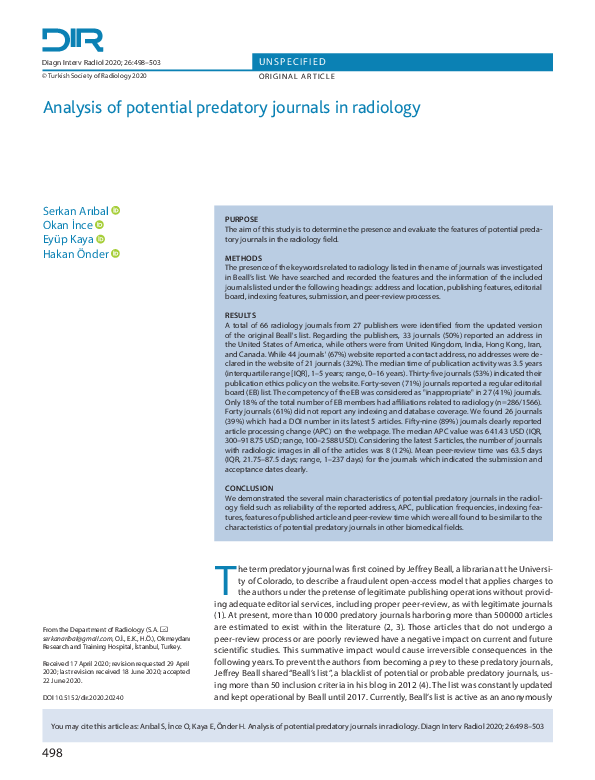 (PDF) Analysis of potential predatory journals in radiology