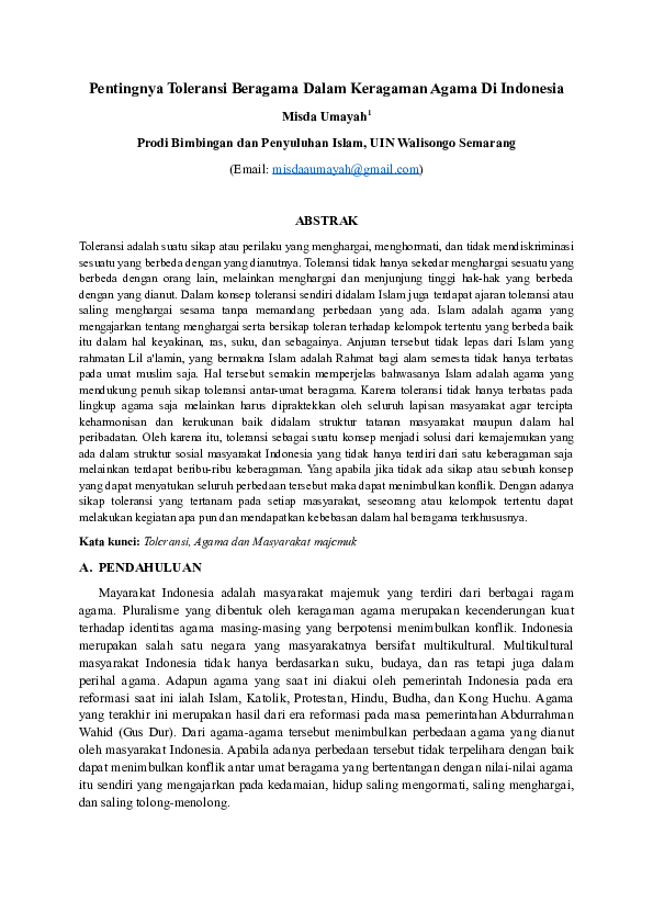 (DOC) Pentingnya Toleransi Beragama Dalam Keragaman Agama Di Indonesia