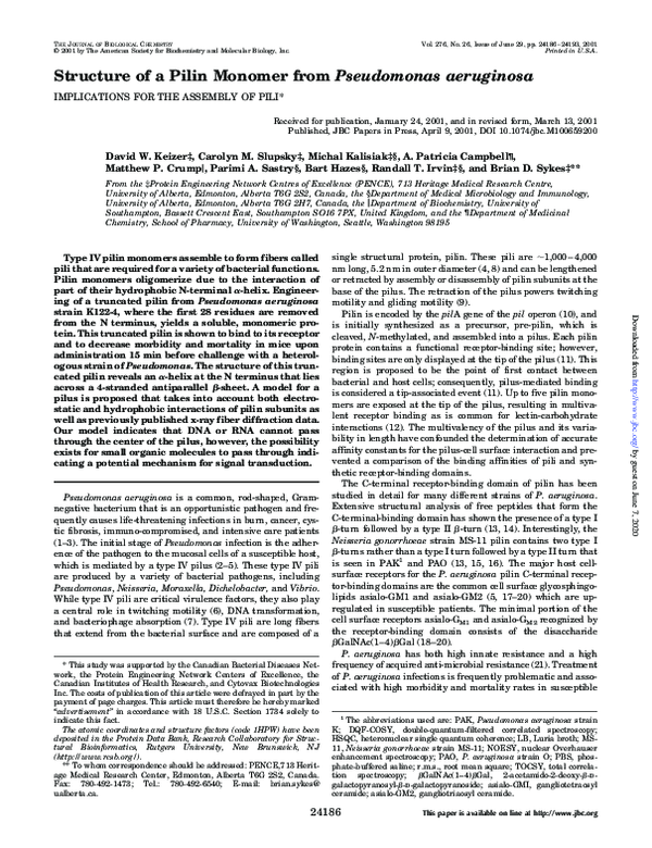 (PDF) Structure of a Pilin Monomer fromPseudomonas aeruginosa