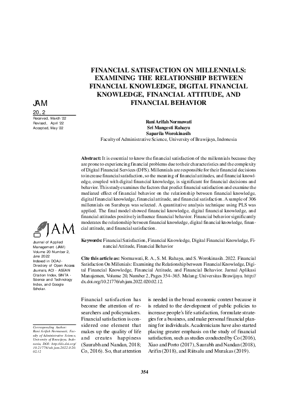 (PDF) FINANCIAL SATISFACTION ON MILLENNIALS: EXAMINING THE RELATIONSHIP BETWEEN FINANCIAL ...