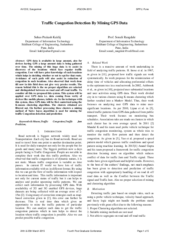 Pdf Traffic Congestion Detection By Mining Gps Data Sonali Rangdale