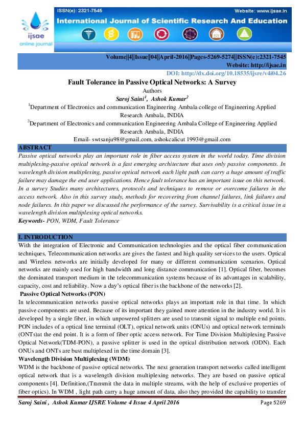 Pdf Fault Tolerance In Passive Optical Networks A Survey