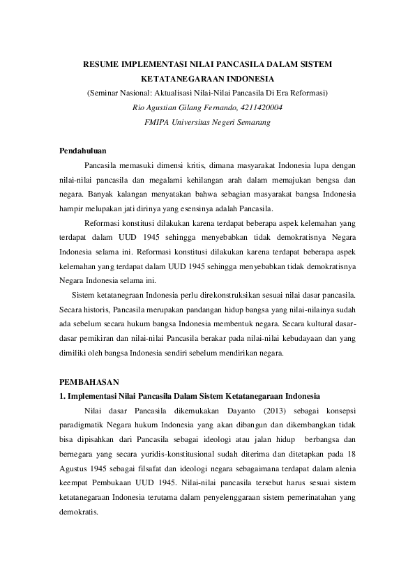 Pdf Implementasi Nilai Pancasila Dalam Sistem Ketatanegaraan Indonesia