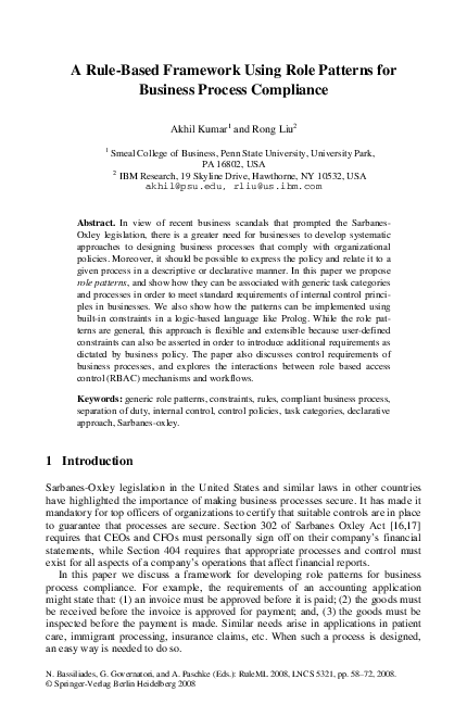 Pdf A Rule Based Framework Using Role Patterns For Business Process