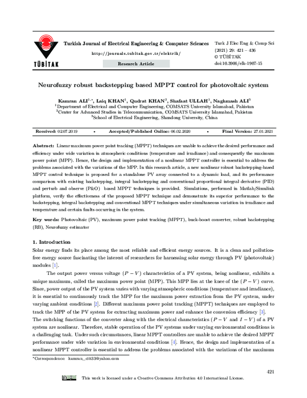 (PDF) Neurofuzzy robust backstepping based MPPT control for photovoltaic system
