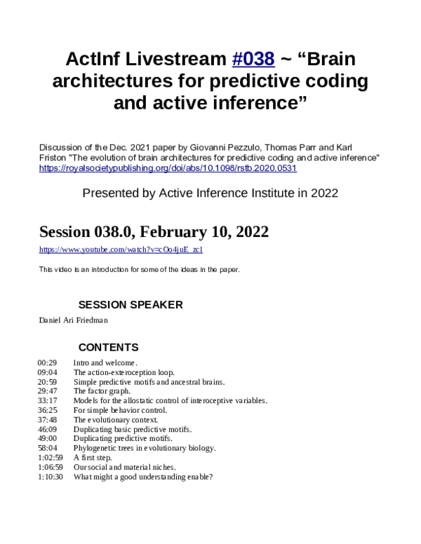 (PDF) Transcript of discussion on: "The evolution of brain architectures for predictive coding ...