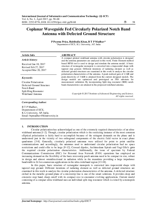 Pdf Coplanar Waveguide Fed Circularly Polarized Notch Band Antenna With Defected Ground Structure