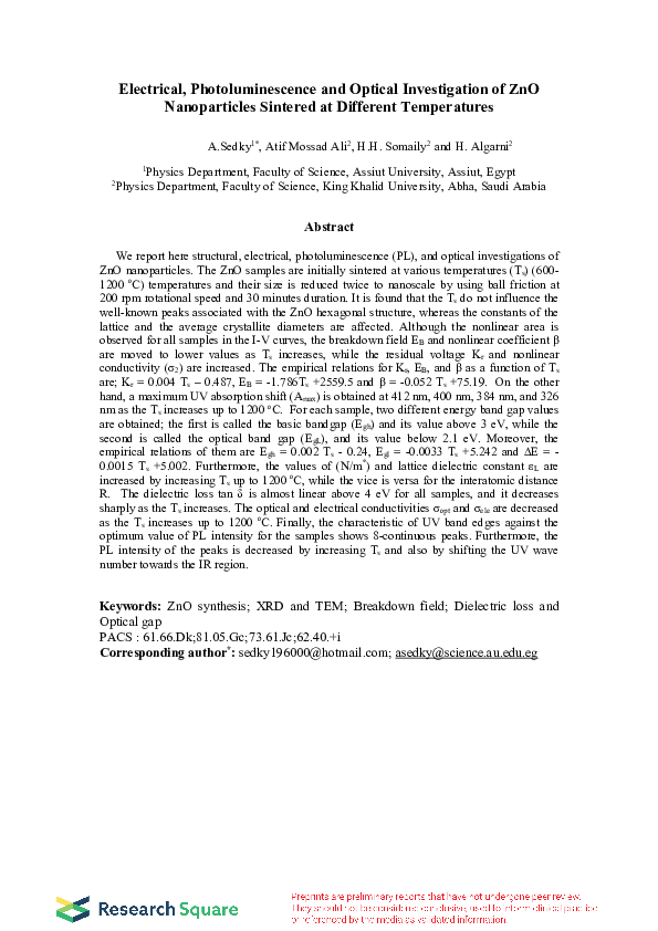 (PDF) Electrical, photoluminescence and optical investigation of ZnO nanoparticles sintered at ...
