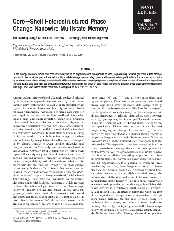 (PDF) Core−Shell Heterostructured Phase Change Nanowire Multistate Memory