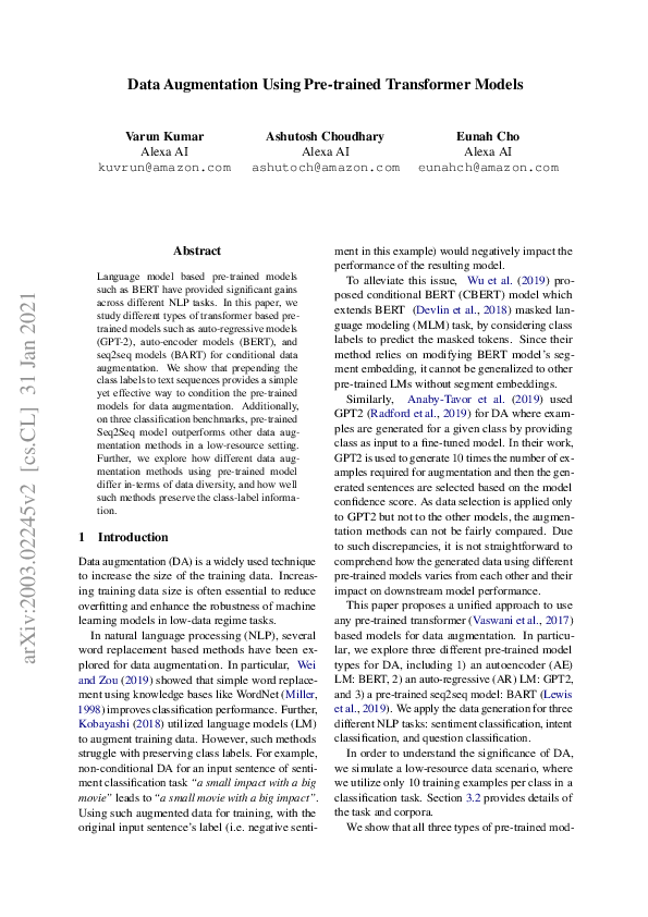 (PDF) Data Augmentation using Pre-trained Transformer Models | Ashutosh choudhary ...
