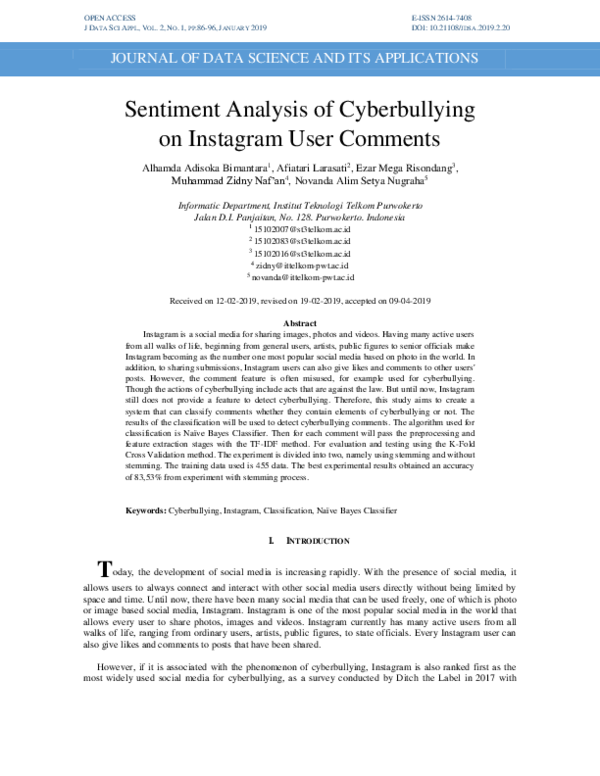 (PDF) Sentiment Analysis of Cyberbullying on Instagram User Comments