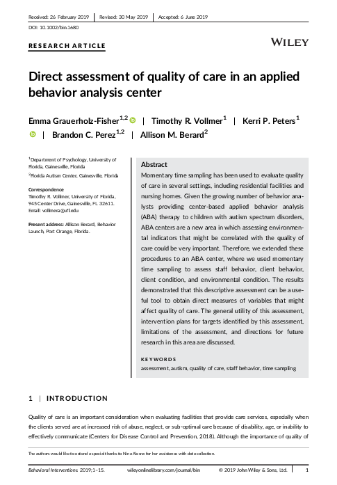 (PDF) Direct assessment of quality of care in an applied behavior ...