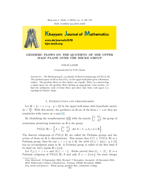 (PDF) Geodesic Flows on the Quotient of the Upper Half Plane over the ...