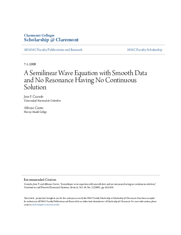 Pdf A Semilinear Wave Equation With Smooth Data And No Resonance Having No Continuous Solution