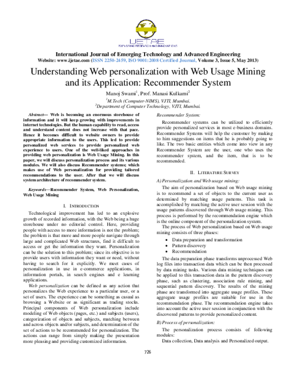 (PDF) Understanding Web personalization with Web Usage Mining and its Application: Recommender ...